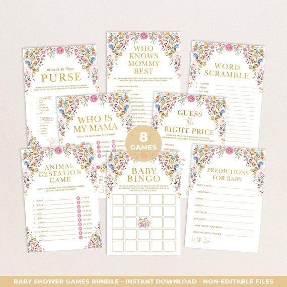 Colorful Wildflower Baby Shower Games Bundle 8x Spring Garden Flowers ...