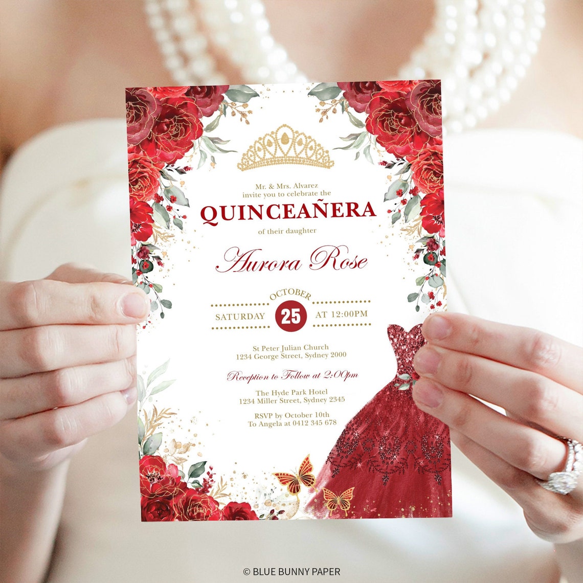 Quinceanera Invitation With Red Roses Princess Tiara Editable - Etsy