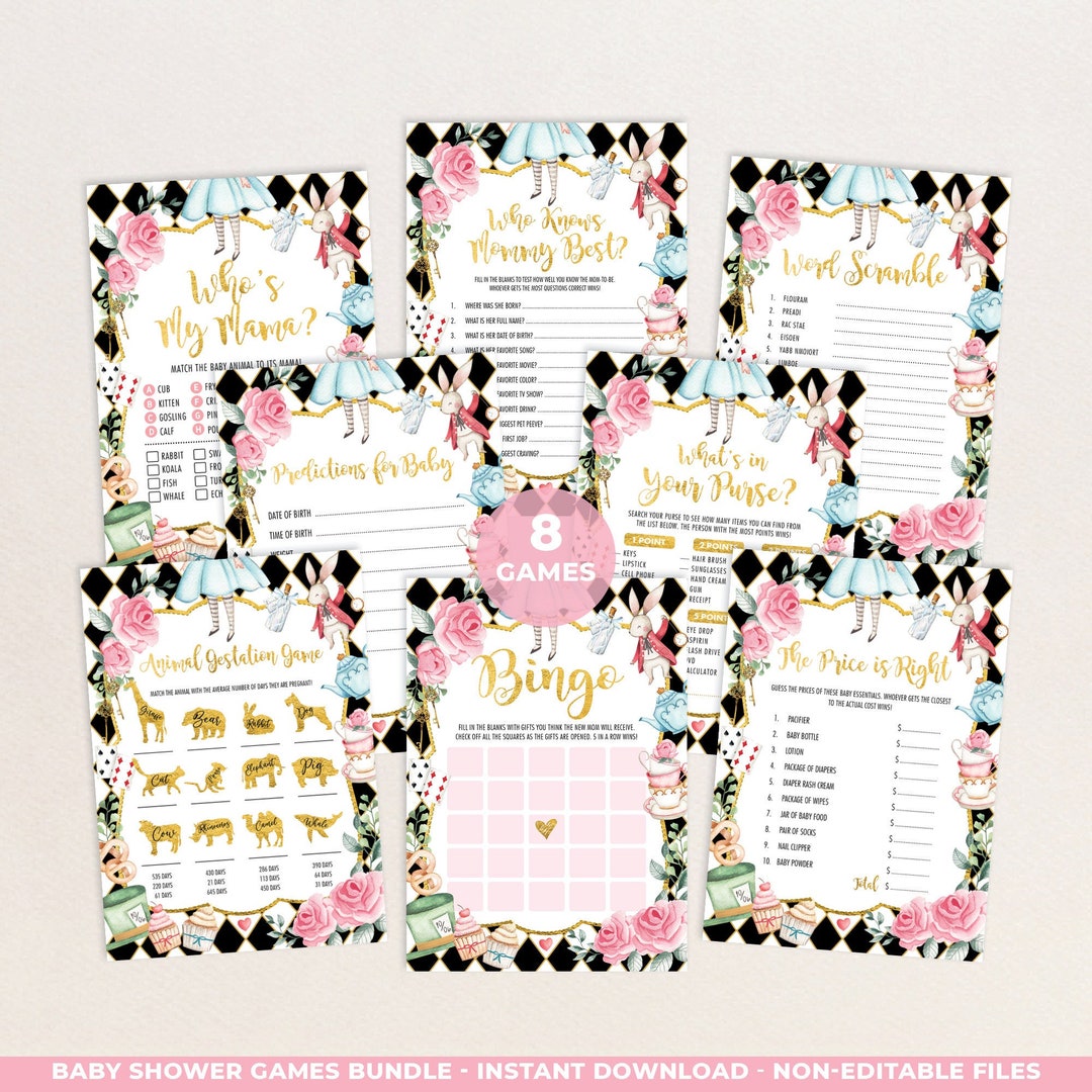 Alice in Wonderland Baby Shower Games Bundle, 8x Mad Hatter Tea Party ...
