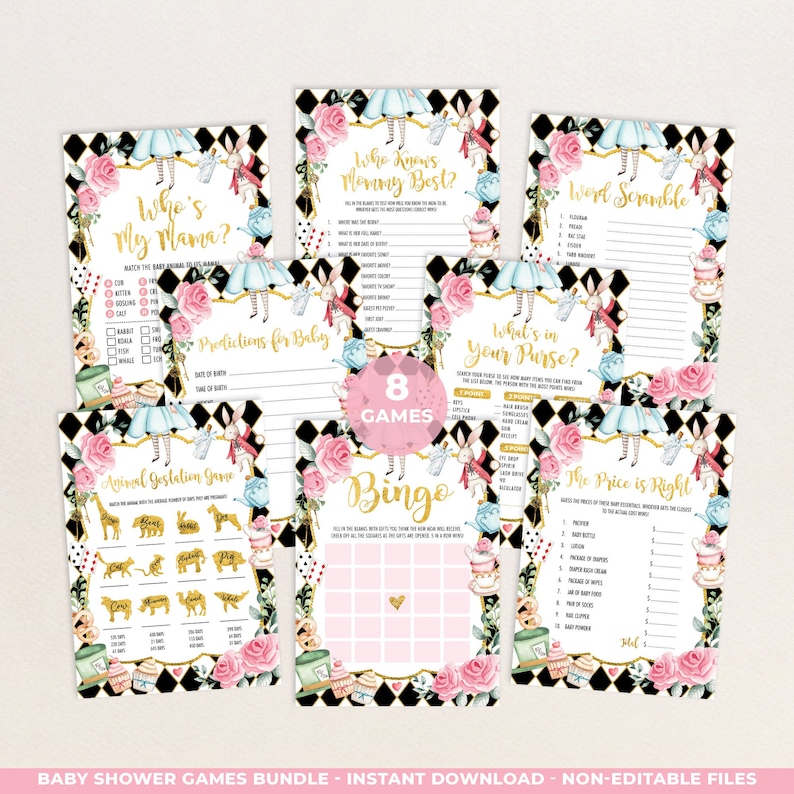 Alice in Wonderland Baby Shower Games Bundle, 8x Mad Hatter Tea Party ...