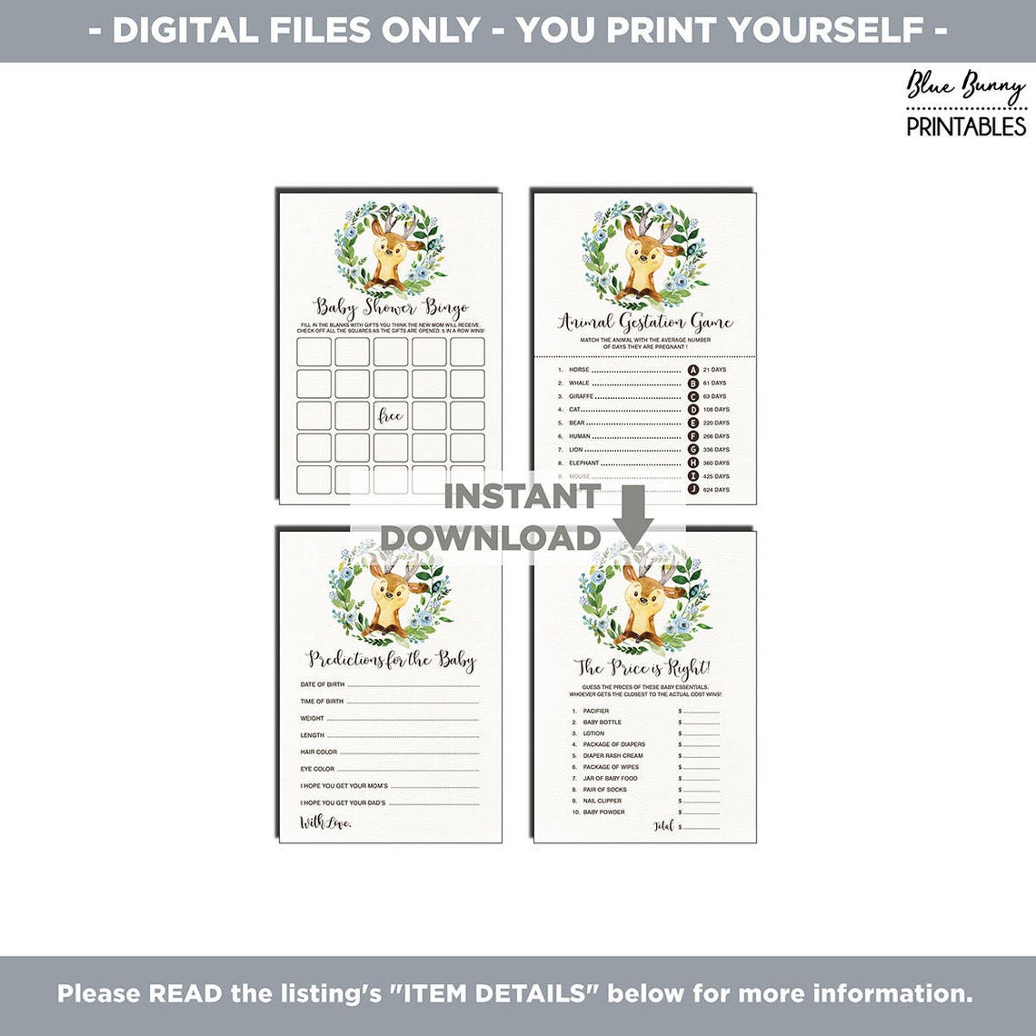 Deer Baby Shower GAMES PACKAGE. 8x Floral Baby Deer Printable | Etsy