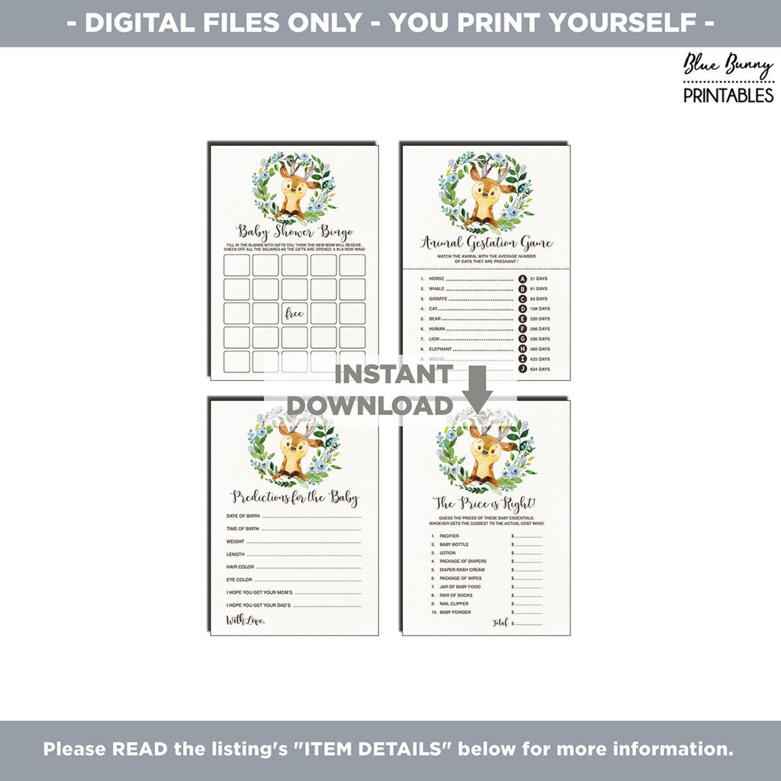 Deer Baby Shower GAMES PACKAGE. 8x Floral Baby Deer Printable | Etsy