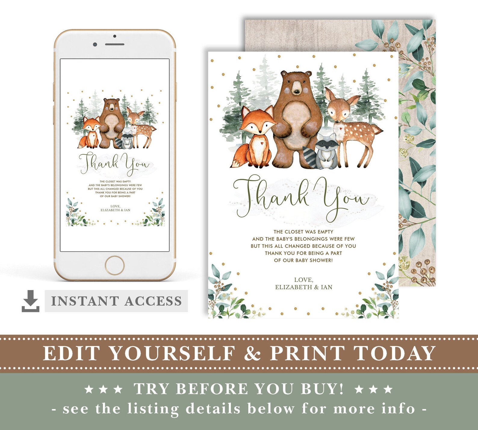 Forest Woodland Thank You Card Printable. Greenery Pine Trees Cute ...