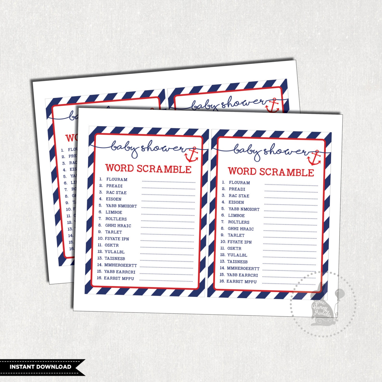 Nautical WORD SCRAMBLE Baby Shower Game. Navy and Red Baby Shower ...