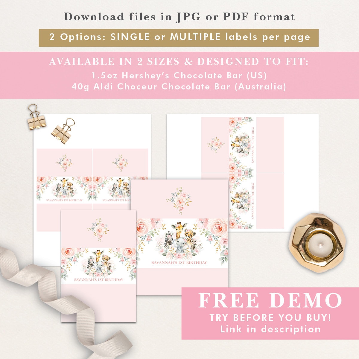 EDITABLE Blush Safari Chocolate Bar Wrapper Wild One Birthday - Etsy