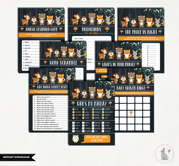 Woodland Baby Shower GAMES PACKAGE. 8x Woodland Baby Shower Printable ...