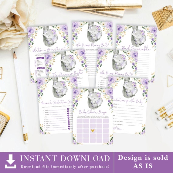 Purple Floral Elephant Baby Shower GAMES PACKAGE. 8x Jungle Safari ...