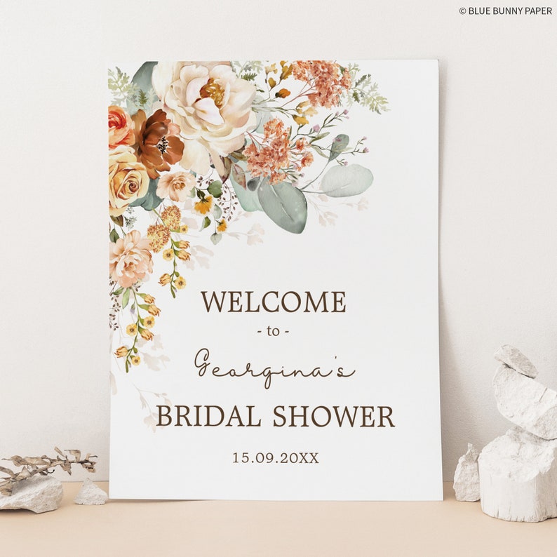 Rustic Boho Floral Bridal Shower Welcome Sign Burnt Orange Flower ...