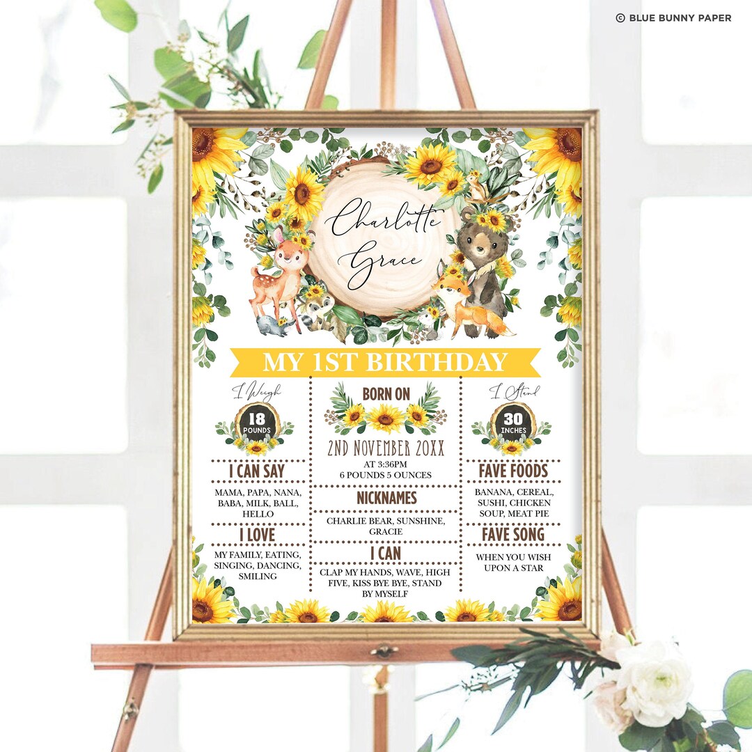 Sunflower Woodland Birthday Milestone Poster. Summer Floral Forest ...