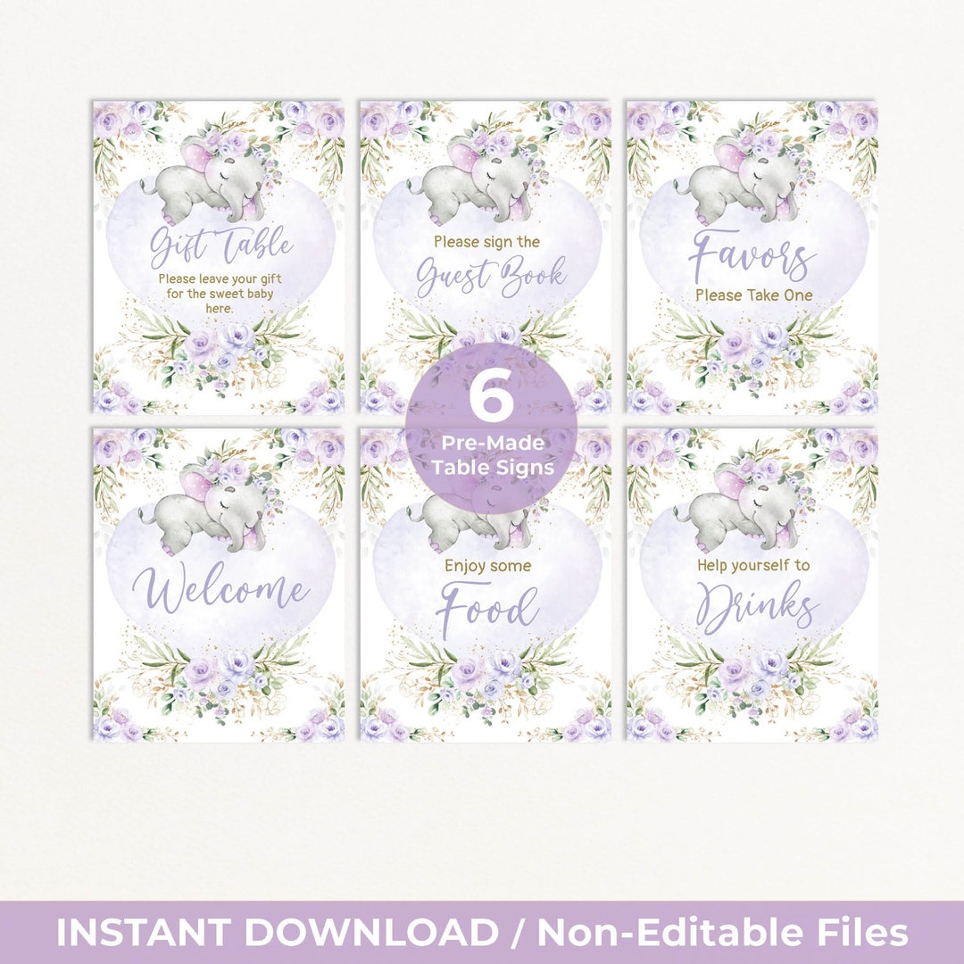 Purple Elephant Baby Shower Table Signs, Lavender Flower Elephant Party ...