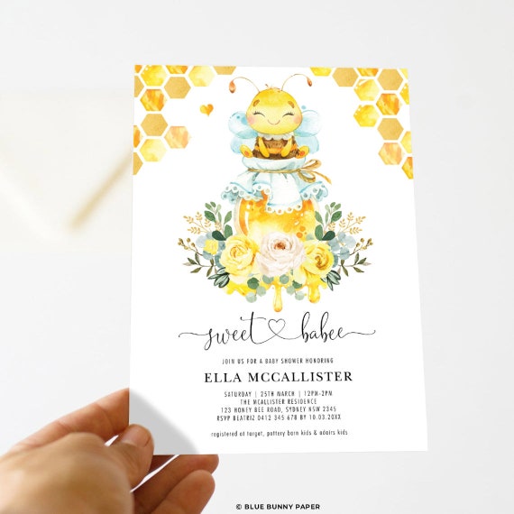 Editable Bee Baby Shower Invitation Template Honeycomb Printable Baby 