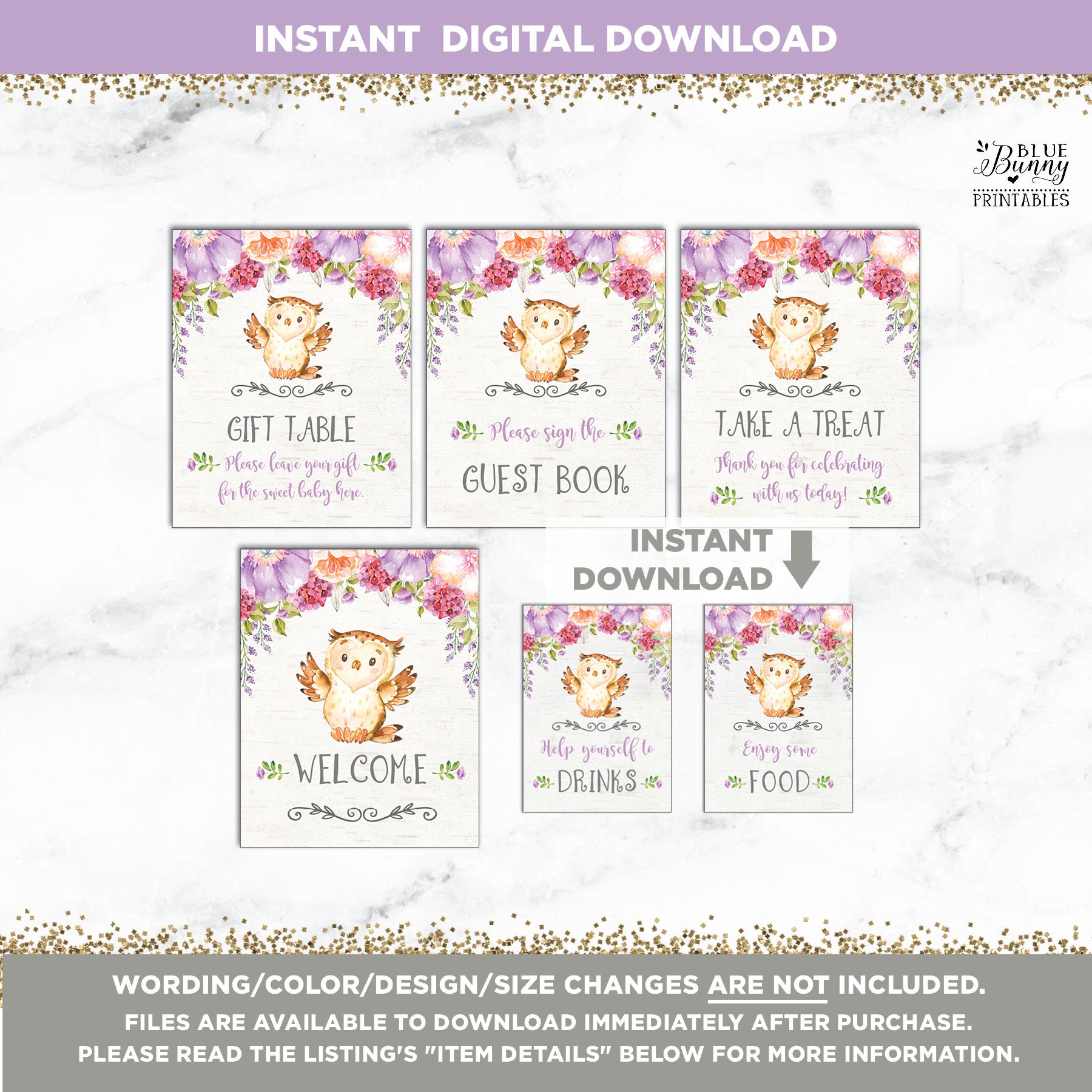 Printable Owl Baby Shower Table Signs. 6 Purple Floral Gift | Etsy