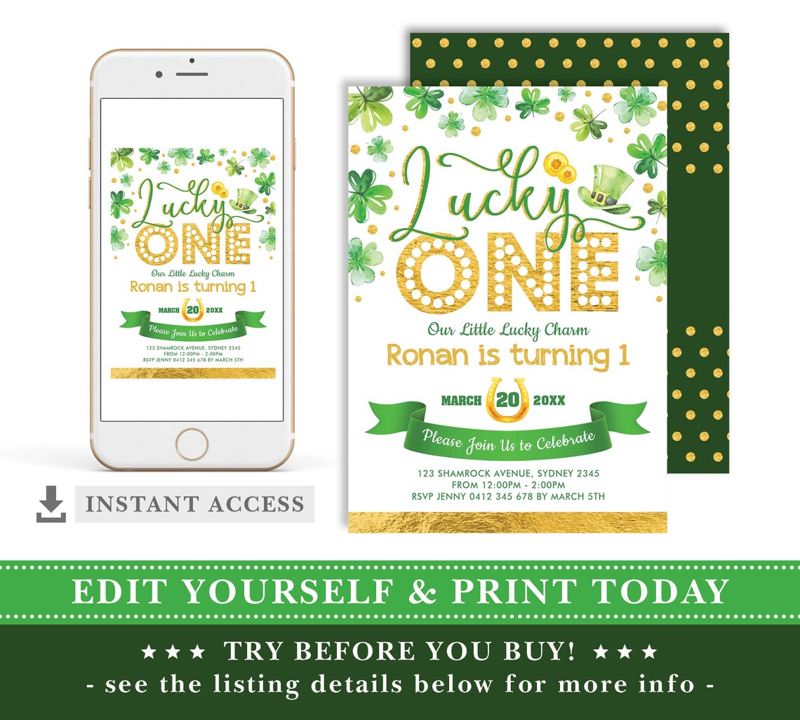 EDITABLE Lucky One Birthday Invitation. Shamrock 1st Birthday | Etsy