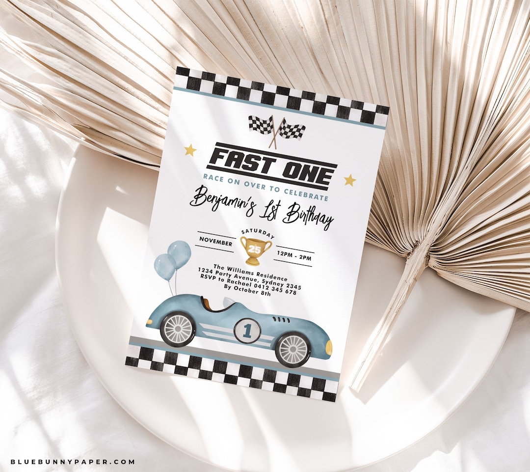Fast One Racing Car First Birthday Invitation Boy 1st Birthday Vintage ...