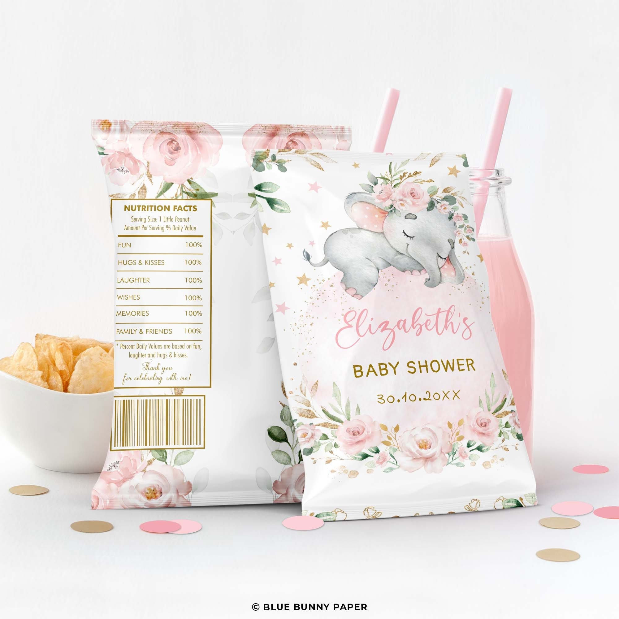 Girl Elephant Chip Bag Blush Floral Elephant Baby Shower Favors Pink ...