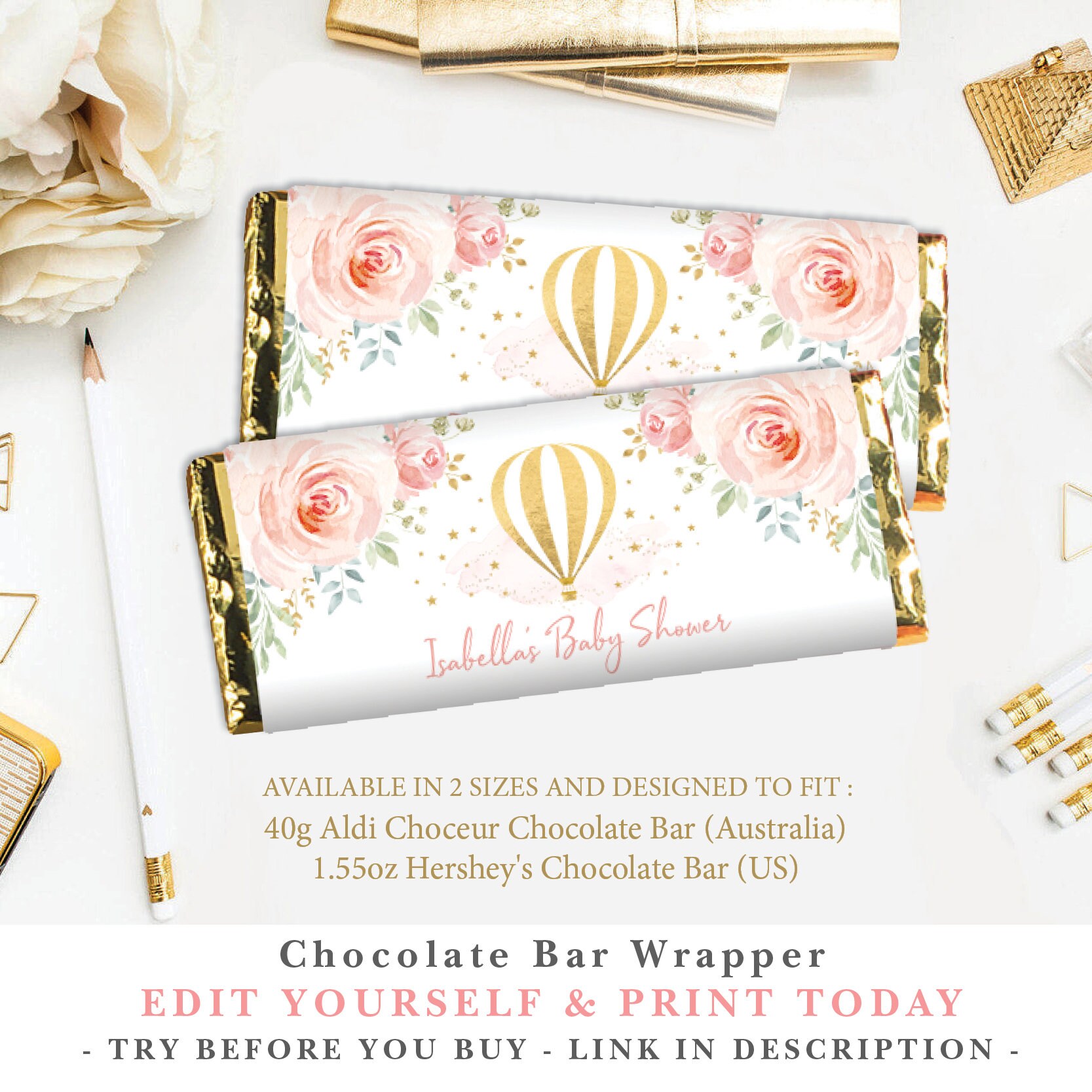 EDITABLE Hot Air Balloon Chocolate Bar Wrapper. Blush Gold - Etsy