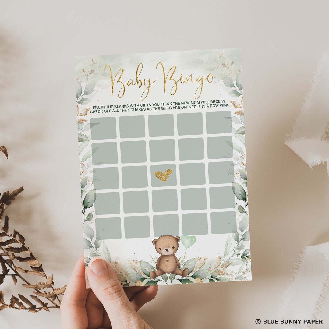 Teddy Bear Bingo Baby Shower Game, Greenery Gold Bear Cub Neutral ...