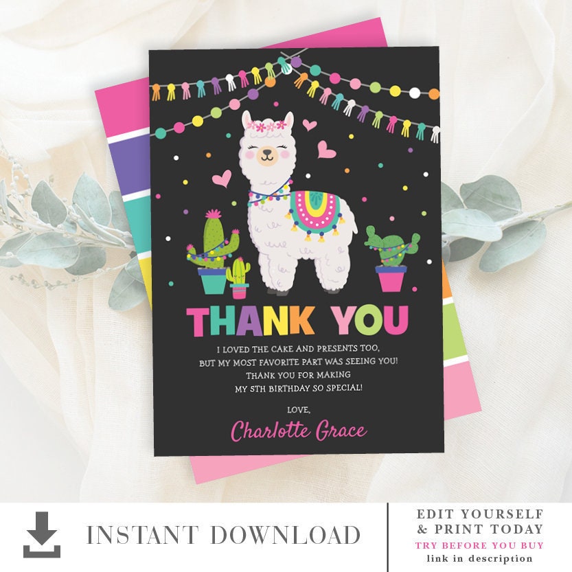 Llama Fiesta Birthday Thank You Card / Llama Alpaca Party EDITABLE ...