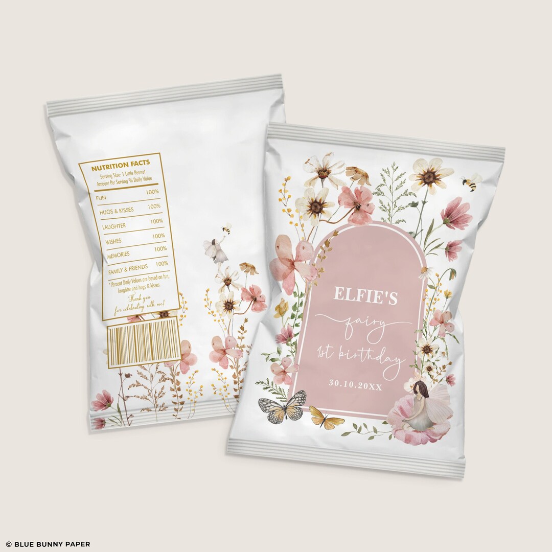 Editable Fairy Chip Bag Template, Wildflower Fairy 1st Birthday Party ...
