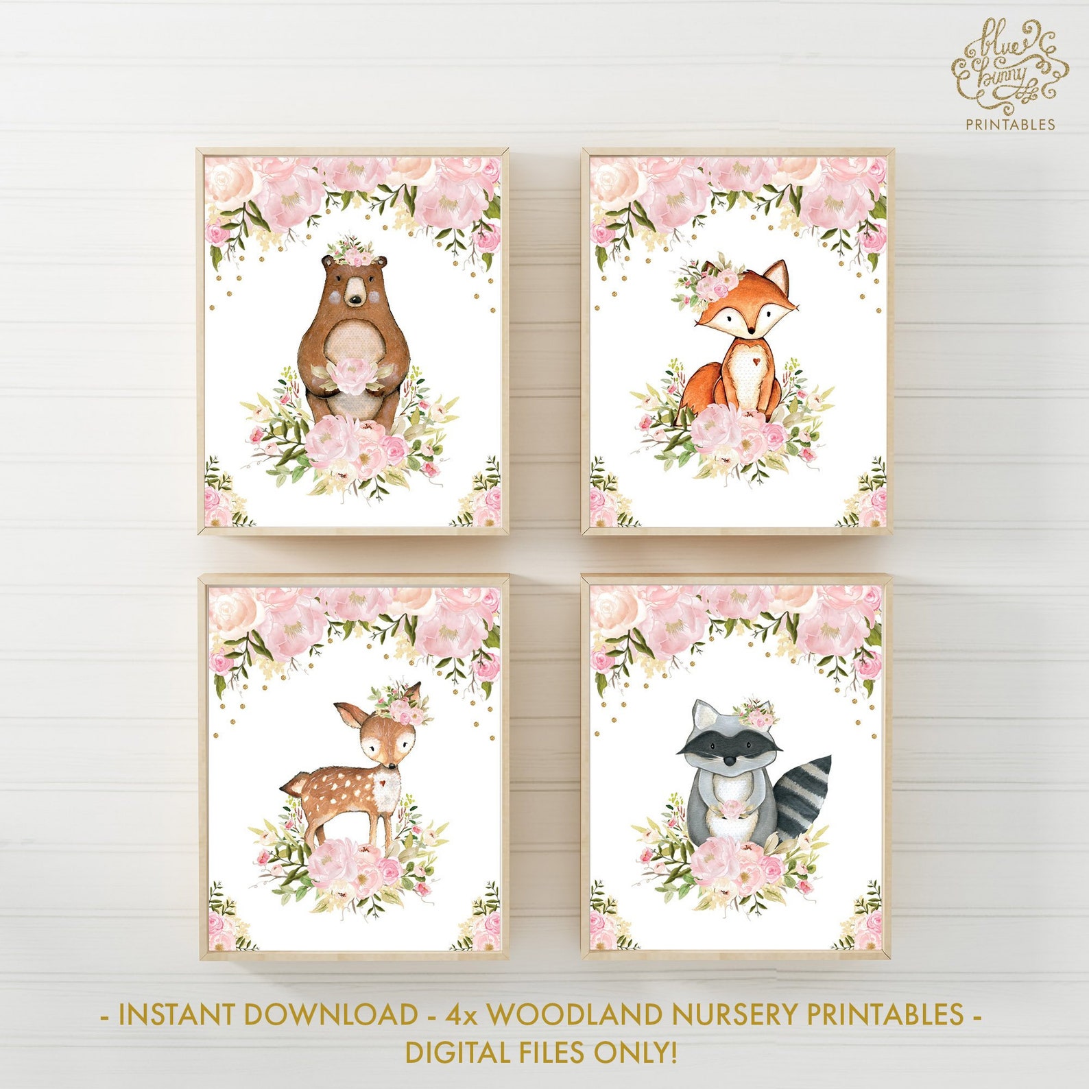 4x Pink Floral Woodland Animals Printable Signs. DIGITAL - Etsy