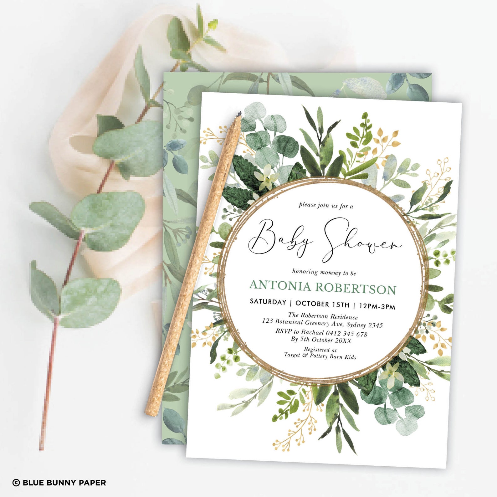 EDITABLE Greenery Baby Shower Invitation. Green Gold - Etsy