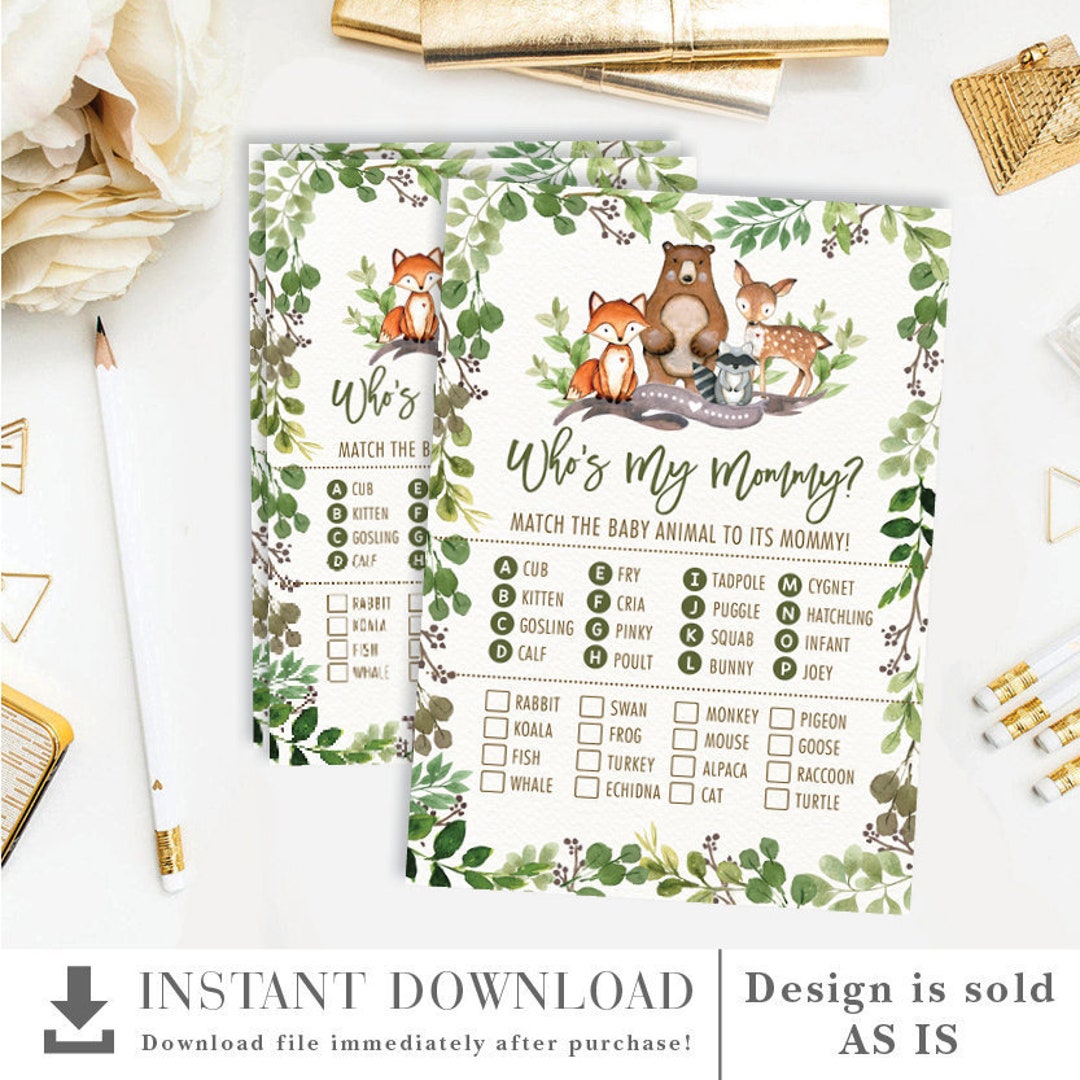 Woodland Baby Shower Game Printable. Who's My Mommy. Greenery Forest ...