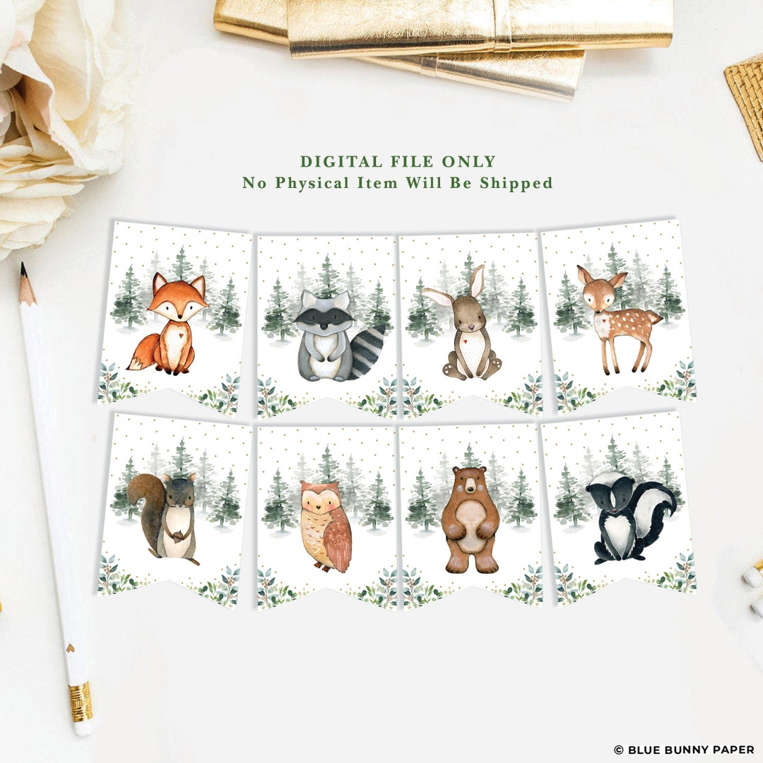 Woodland Animals Printable Banner, Greenery Gold Forest Baby Shower ...