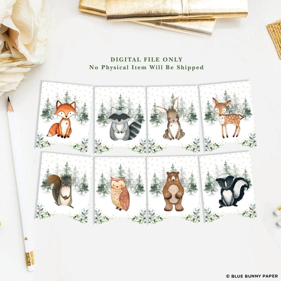 Woodland Animals Printable Banner, Greenery Gold Forest Baby Shower ...