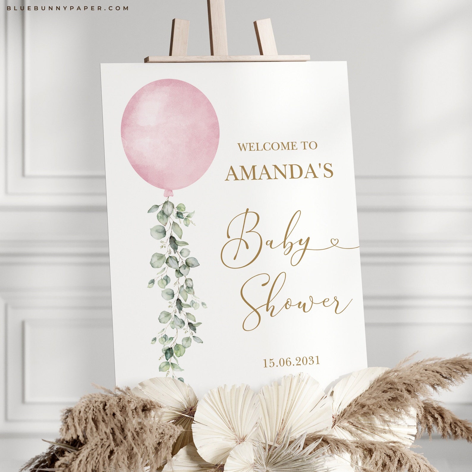Pink Balloon Welcome Sign Eucalyptus Balloon Girl Baby Shower EDITABLE ...