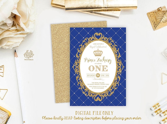 Royal PRINCE First Birthday Invitation. Royal Blue and Gold Party ...