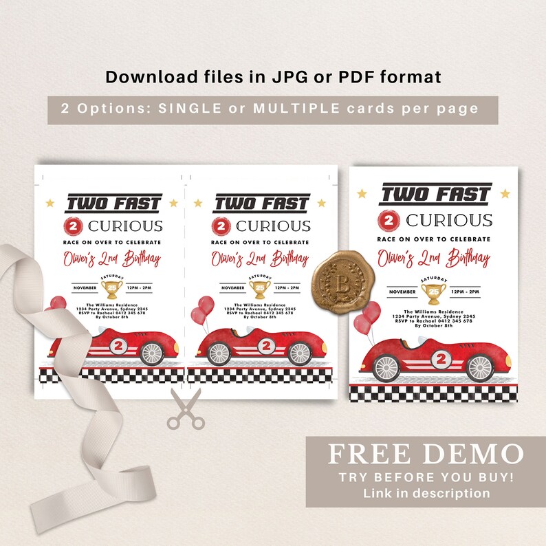 Editable Two Fast 2 Curious Birthday Invitation Template Race Car ...