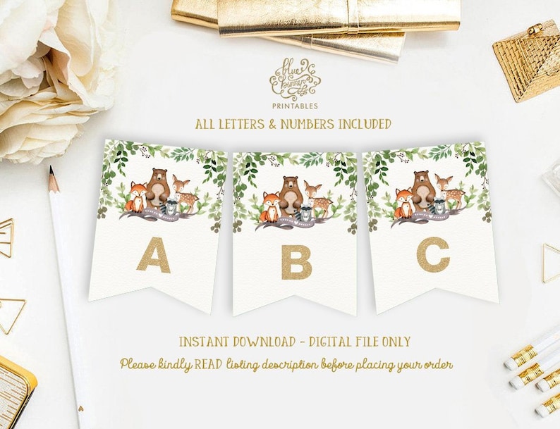 Greenery Woodland Animals Baby Shower Printable Banner. Forest Birthday ...