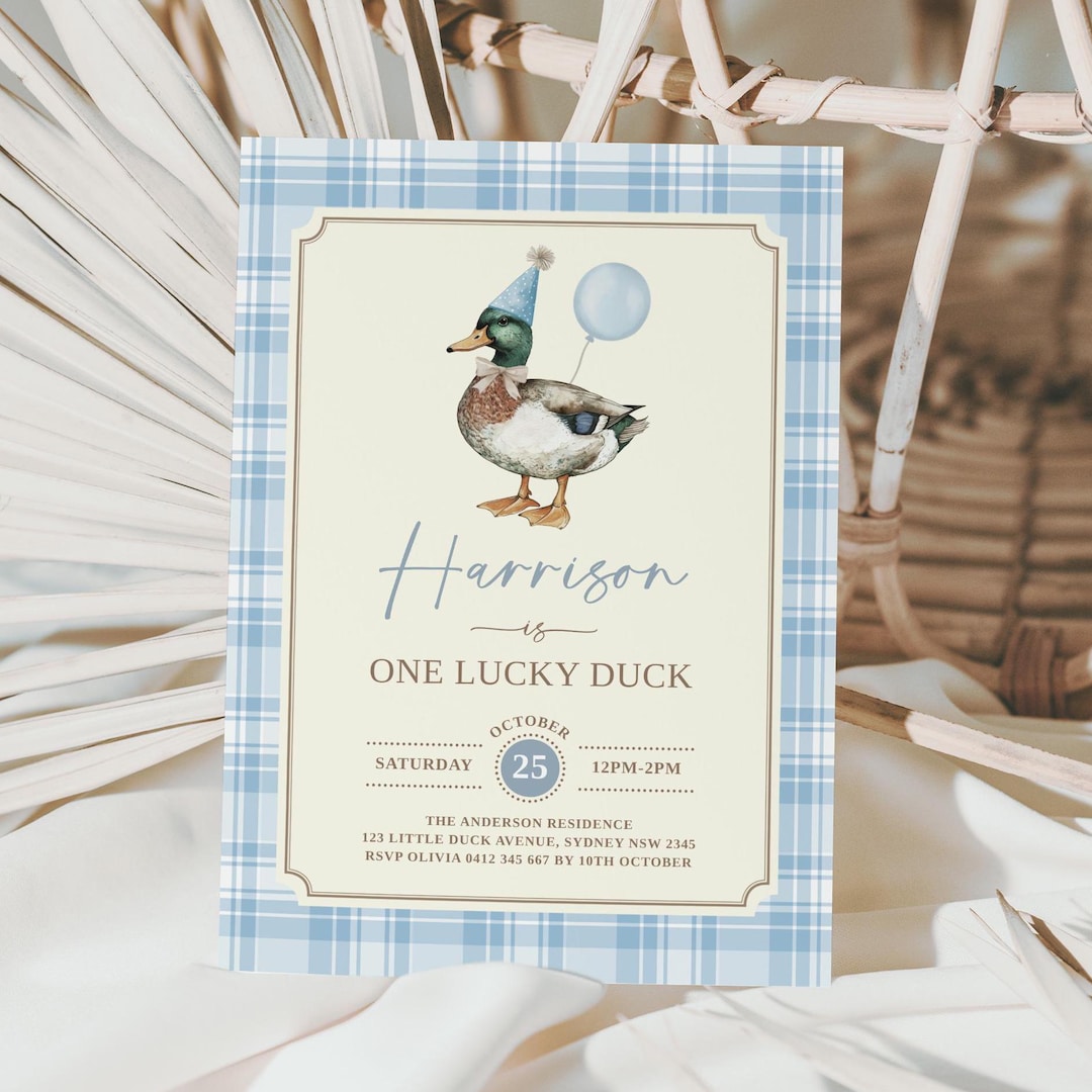 One Lucky Duck Invitation Template, First Birthday Duck Invite, Blue ...