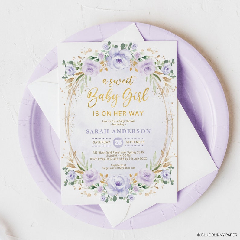 Purple Floral Baby Shower Invitation, Sweet Baby Girl Printable Invite, Watercolor Rose Garden ...