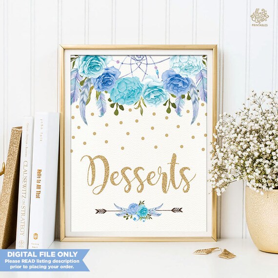 Blue Floral Desserts Sign. Blue Gold Baby Shower Printable Sign ...