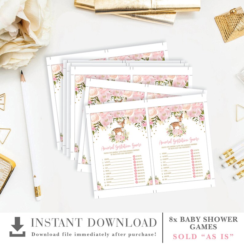 Woodland Deer Baby Shower GAMES PACKAGE. Blush Pink Gold Floral Forest ...