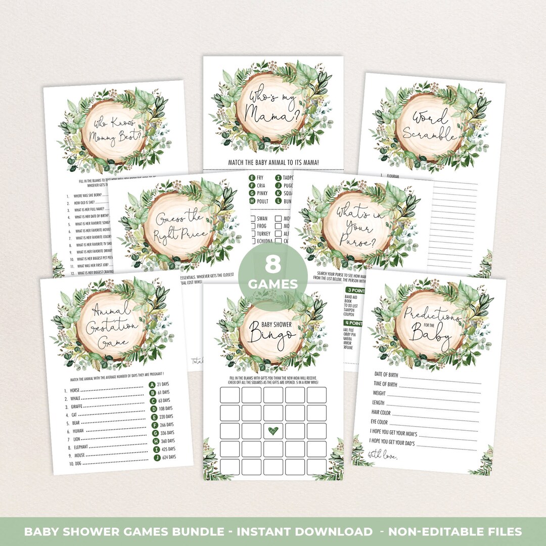 8 Greenery Baby Shower Games, Rustic Botanical Baby Games Bundle ...