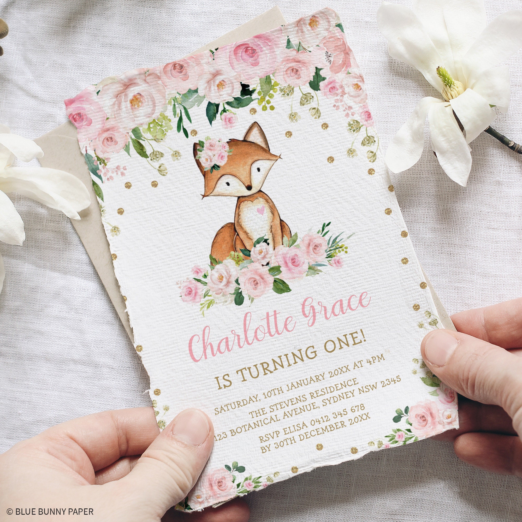 Pink Floral Fox Birthday Invitation Girl Woodland Fox Party - Etsy