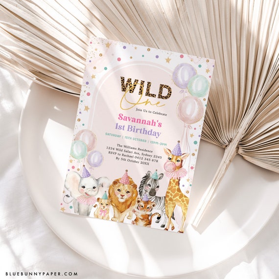 Wild One Party Animals Girl 1st Birthday Invitation Jungle Safari ...