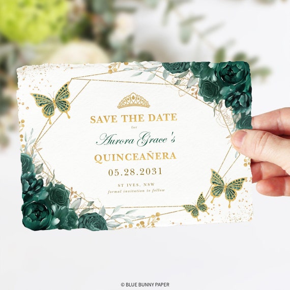 Emerald Green Quinceañera Save the Date Template Emerald Gold Floral ...