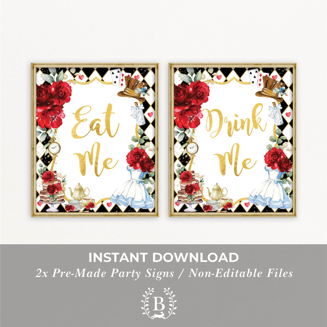 Alice in Wonderland Party Signs, Eat Me & Drink Me Signs, Red Roses Mad ...