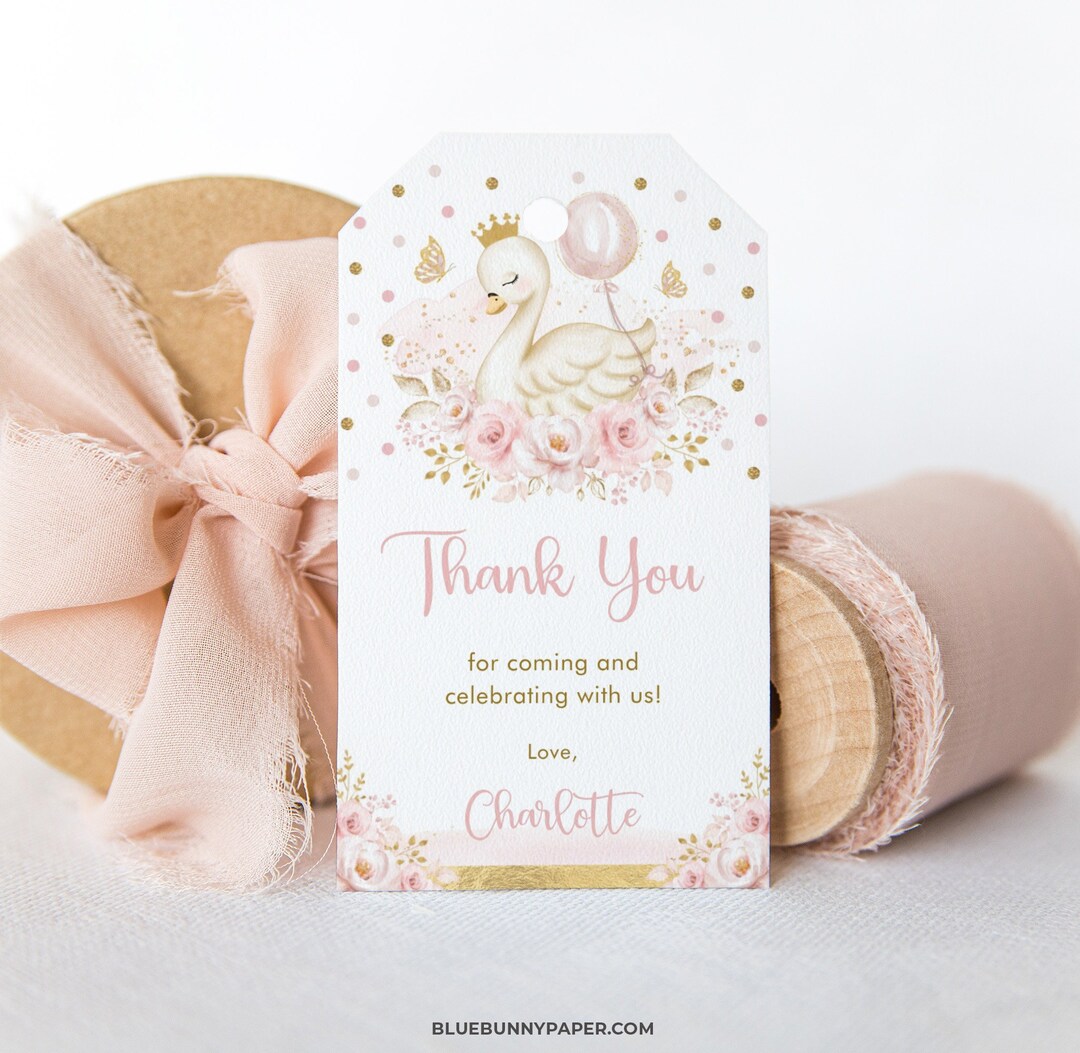 Pink & Gold Swan Princess Favor Tag Swan Balloon Birthday Favors Blush ...