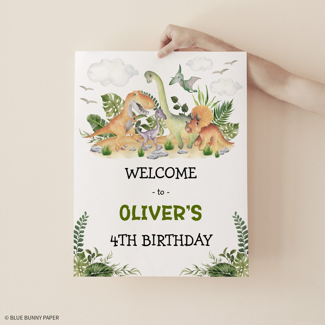 Welcome Sign Template Dinosaur Birthday Decoration Greenery Dino Theme ...