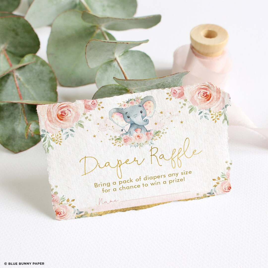 Pink Floral Elephant Diaper Raffle, Blush Gold Elephant Girl Baby ...