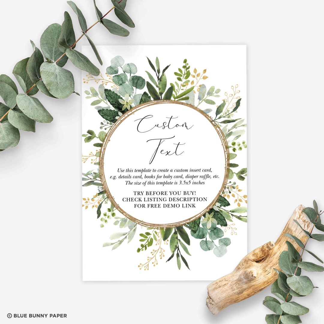 EDITABLE Greenery Insert Card Template, Botanical Baby Shower Enclosure ...