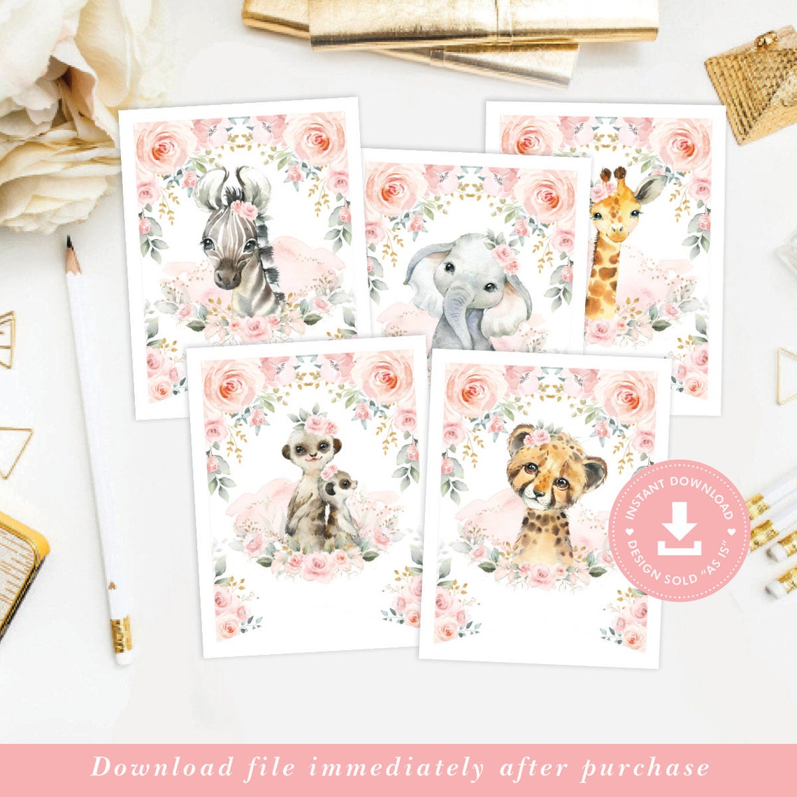 Blush Safari Animals Printable Banner, Pink Floral Wild One 1st ...
