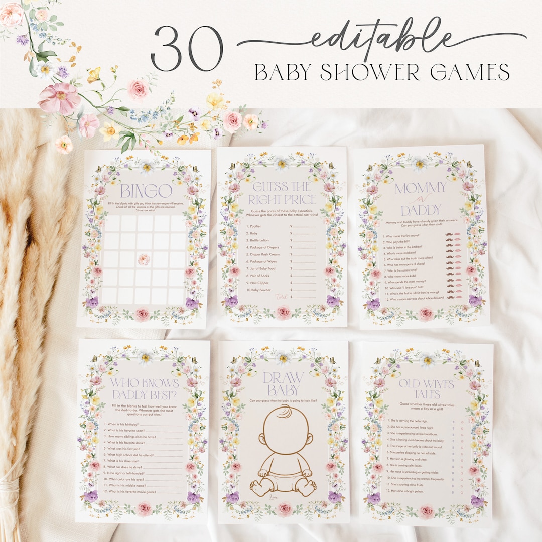 Wildflower Baby Shower Games, 30 Baby in Bloom Editable Baby Shower ...