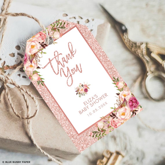 Glam Rose Gold Favor Tag Template, Blush Pink Floral Bridal Shower Gift ...
