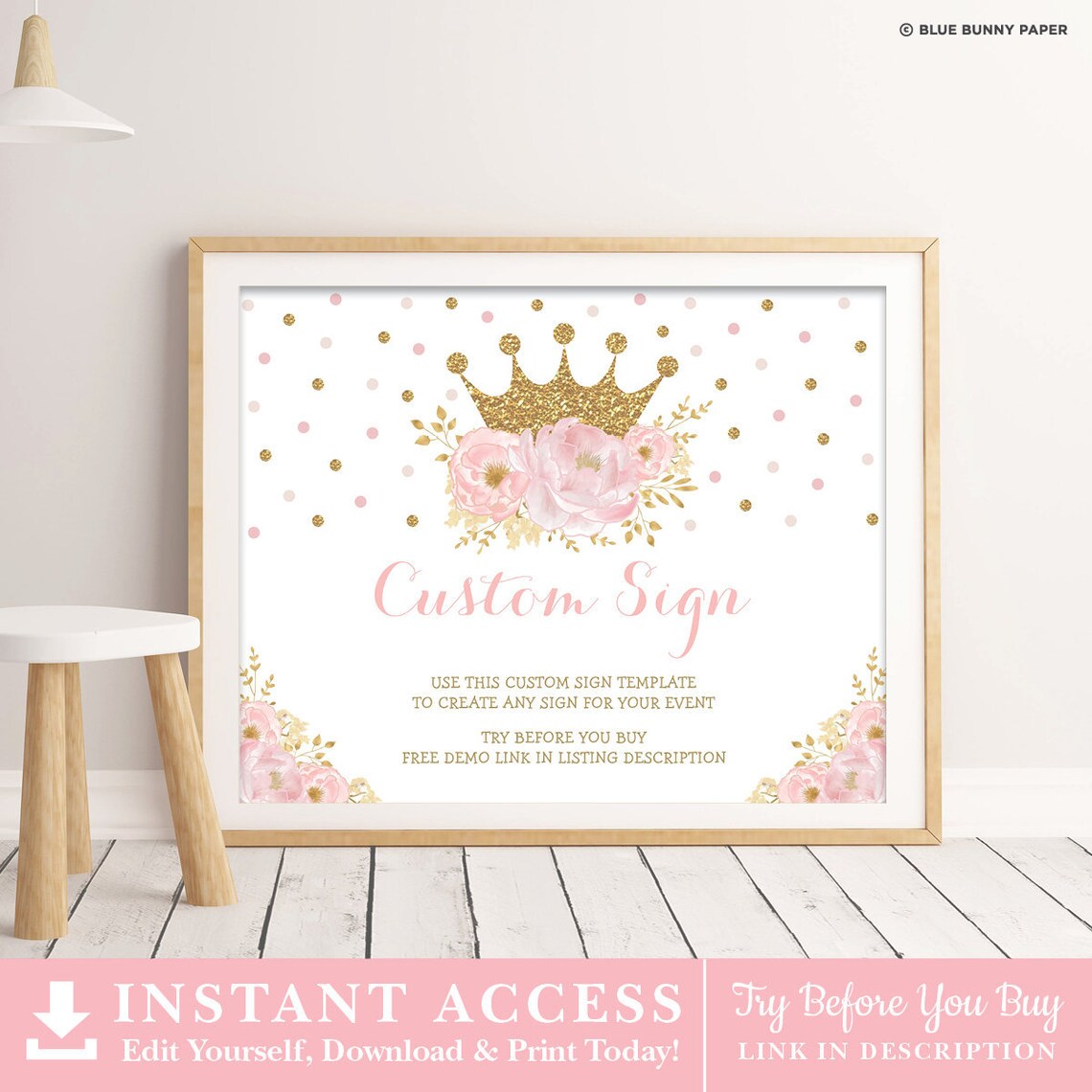 EDITABLE Princess Party Sign Template Blush Gold Floral Baby | Etsy