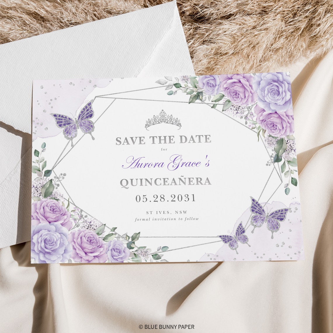 Purple Silver Quinceañera Save the Date Template Lilac Floral - Etsy